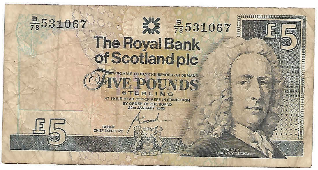 Scotland - 5 pounds 2005 used currency note - KB Coins & Currencies