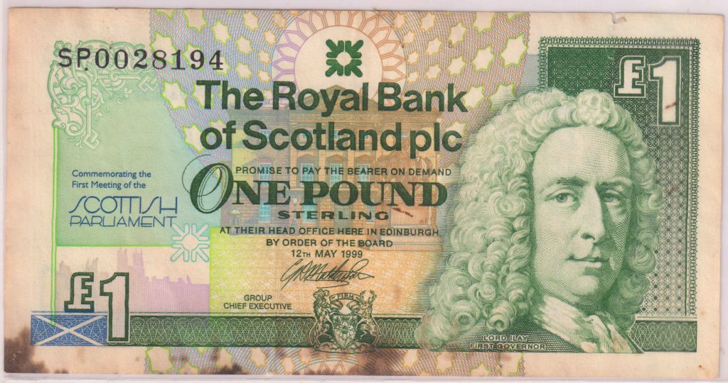 Scotland - 1 pound 1999 used currency note w/ stain - KB Coins & Currencies