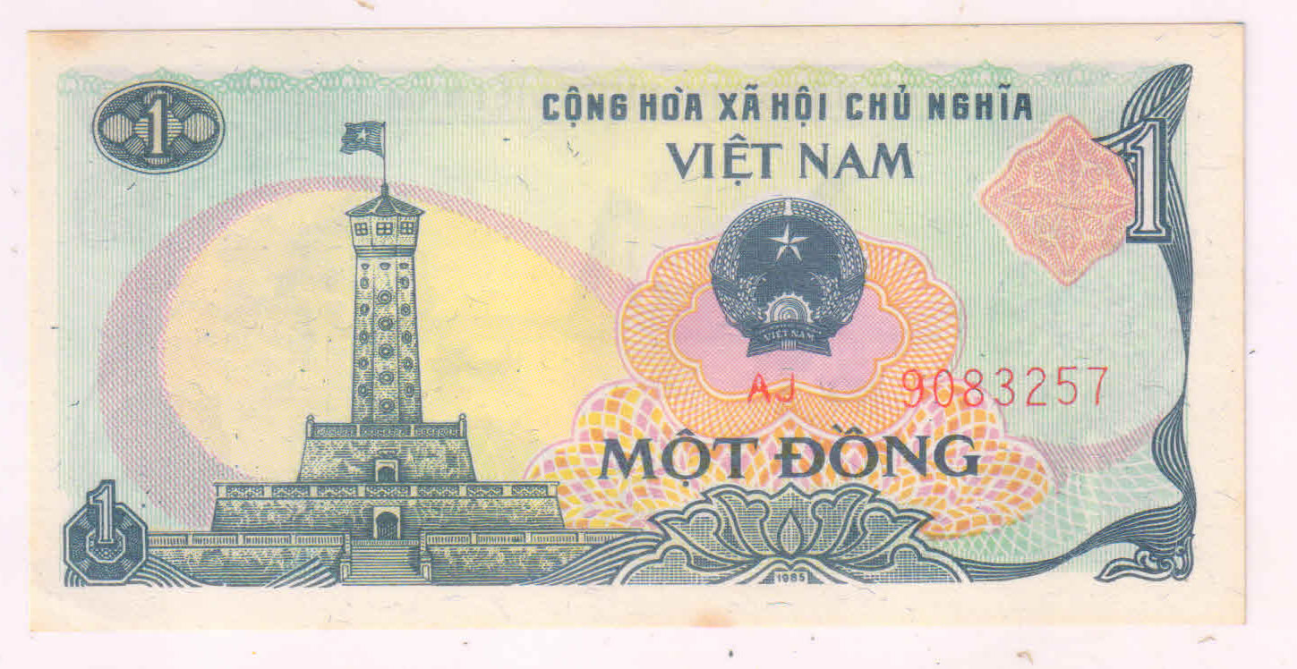 Vietnam 1 dong 1985 aunc currency note w/ stain - KB Coins & Currencies