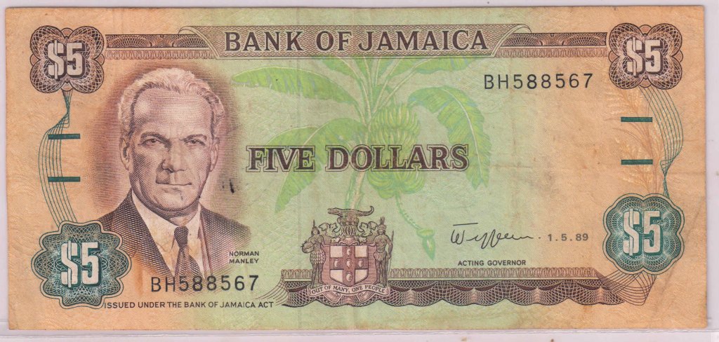 Jamaica 5 dollars 1989vf currency note - KB Coins & Currencies