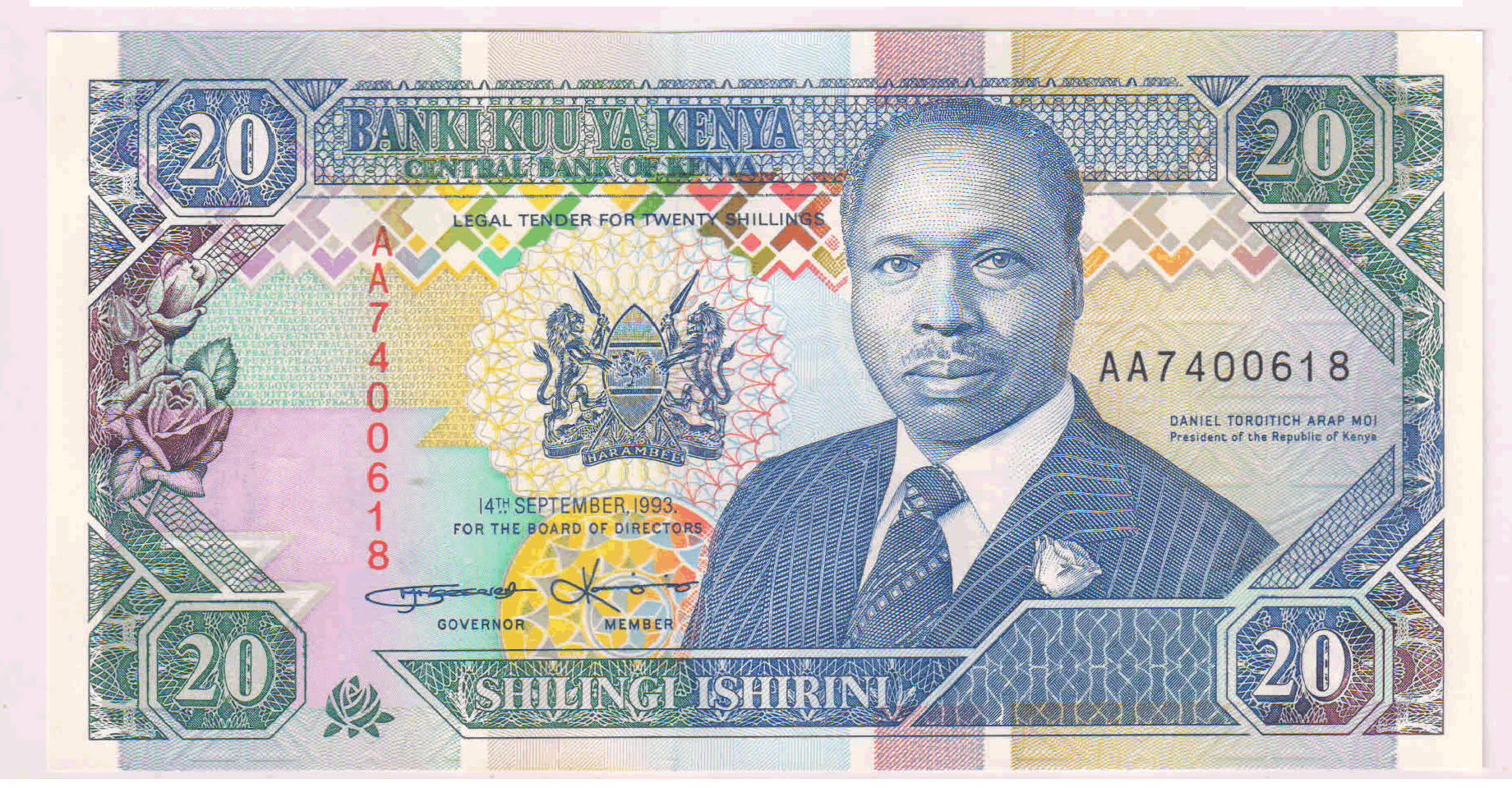 Kenya 20 shilling 1993 unc currency note - KB Coins & Currencies