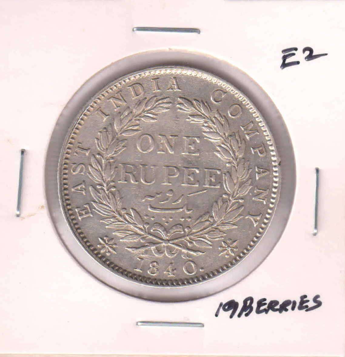 East India co. - 1 rupee 1840 continue legend 19 berries Xf coin E2 ...