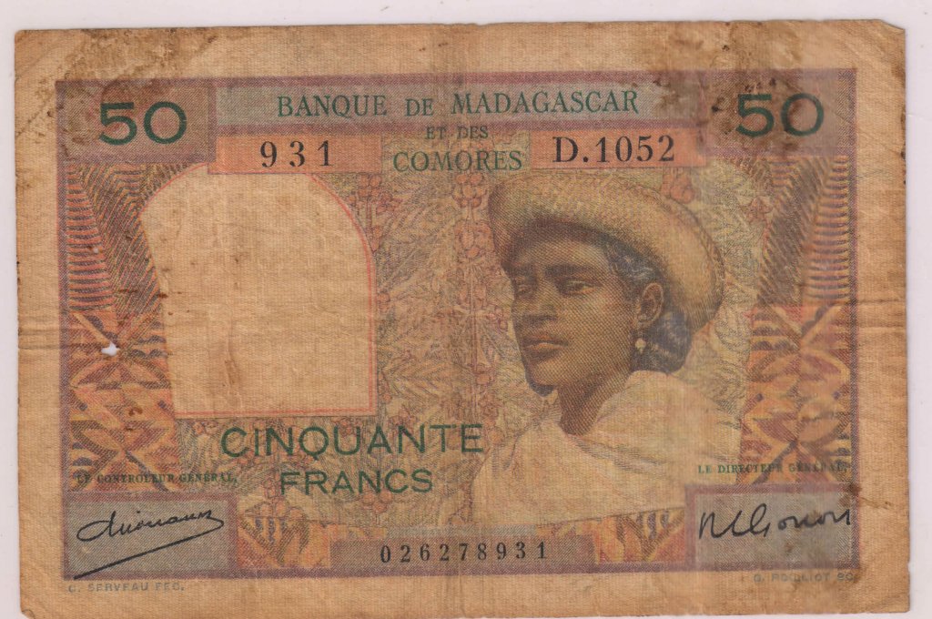 French Madagascar and Comoros 50 francs used fine currency note - KB ...