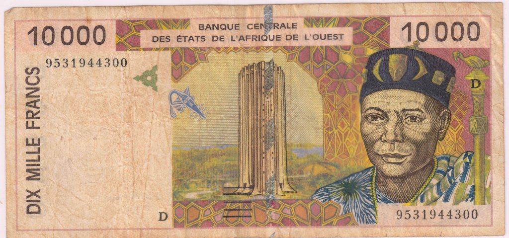 Mali- West African States ( D) 10000 Francs 1992 - ,used currency note ...