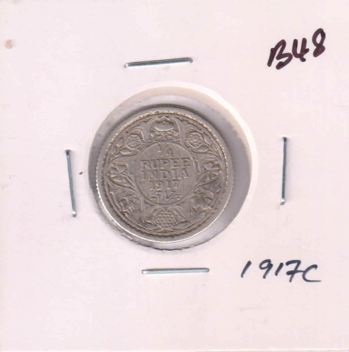 Br. India – 1/4 rupee 1917C silver coin B48 - KB Coins & Currencies