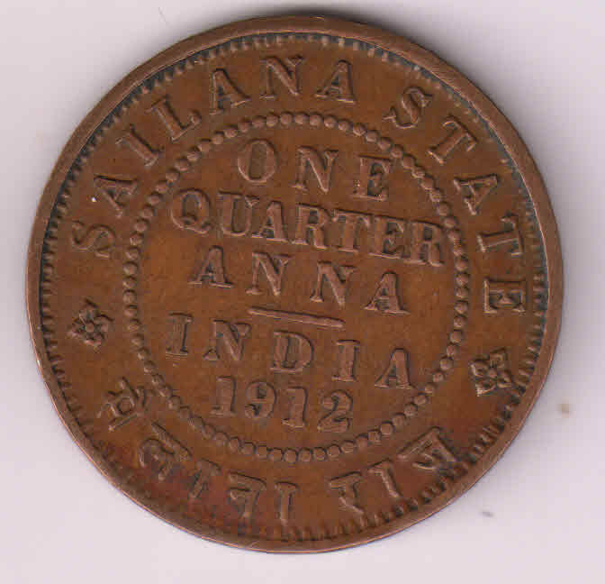 Sailana State - 1/4 anna G V 1912 scarce copper coin - KB Coins ...