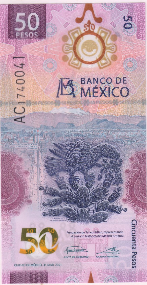 Mexico 50 pesos 2021 polymer unc currency note - KB Coins & Currencies