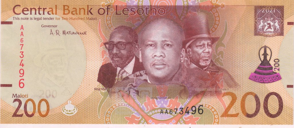 Lesotho : 200 Maloti unc currency note - KB Coins & Currencies