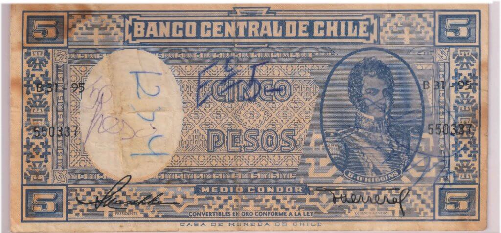 Chile - 5 pesos 1944 - 47 used currency note - KB Coins & Currencies