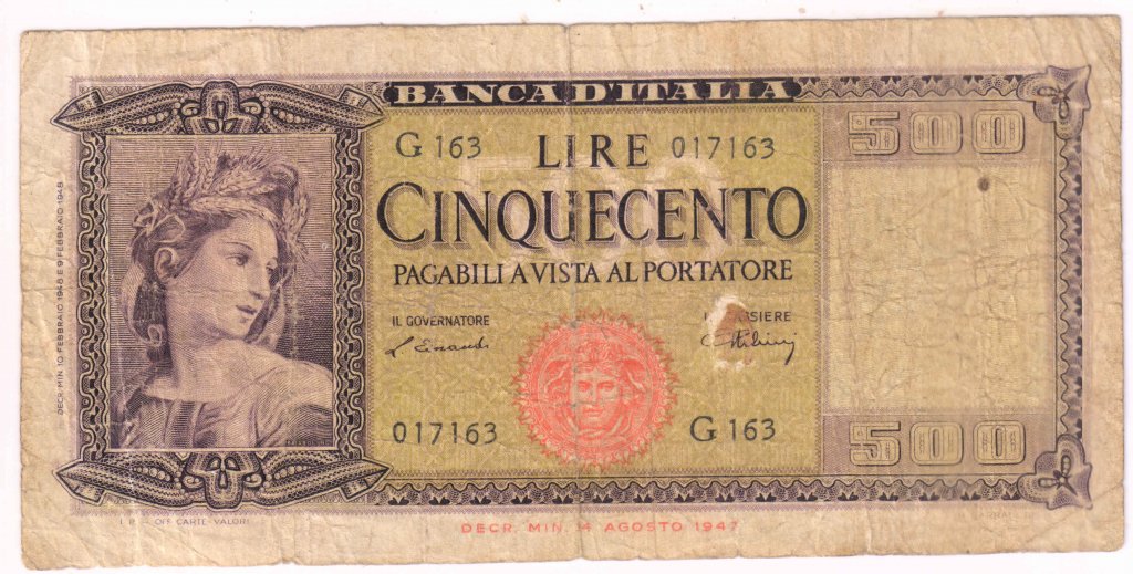 Italy 500 Lire 1947 - 61 vg currency note - KB Coins & Currencies