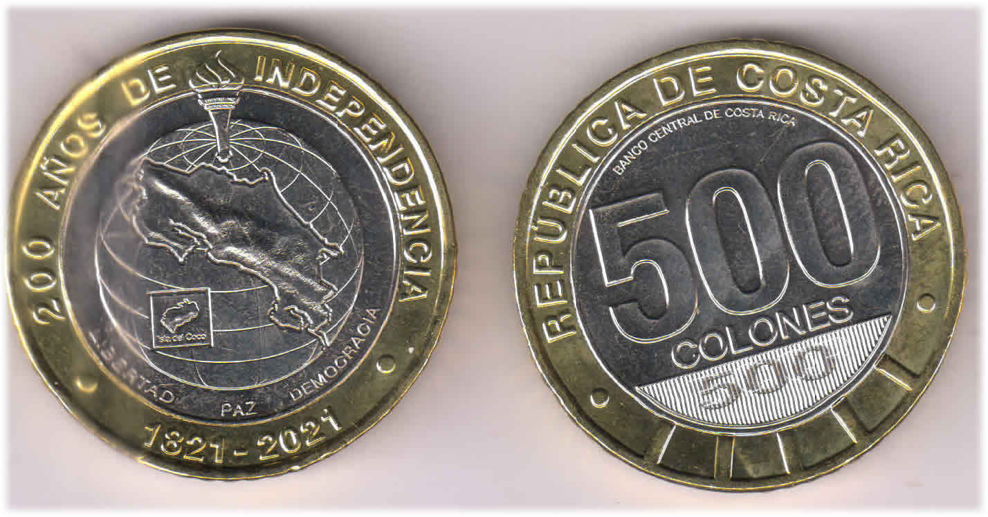 Costa Rica 500 colones 2021 unc bimetal coin - KB Coins & Currencies