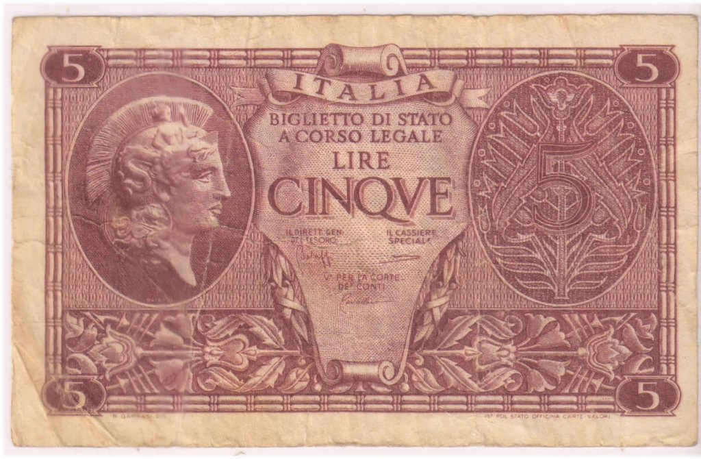 Italy – 5 lire 1944 vf currency note - KB Coins & Currencies