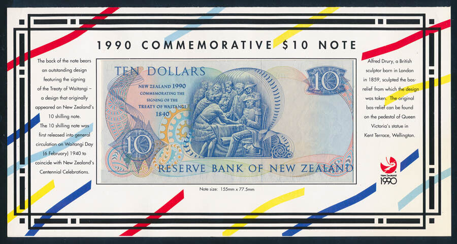New Zealand, $10 1990, UNC Commemorative Folder P-176 unc currency note ...