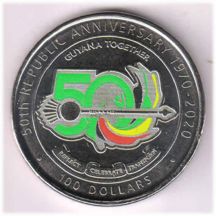 Guyana - 100 dollars 2020 , 50th anniversary commemorative unc color ...