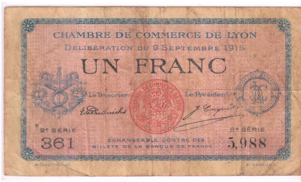 France , Chamber of commerce Lyon 1 franc 1916 used currency note - KB ...