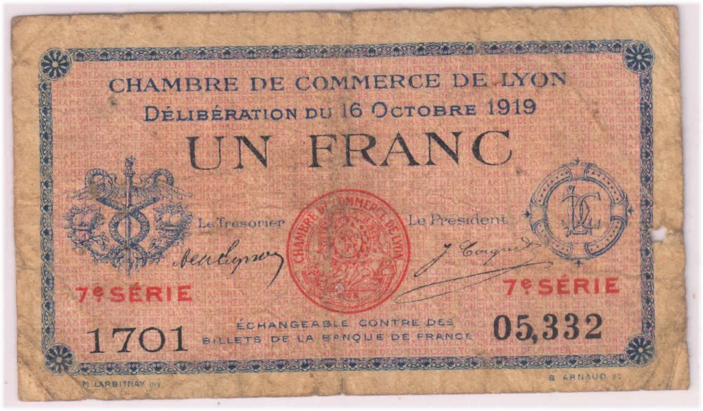 France , Chamber of commerce Lyon 1 franc 1919 used currency note ...