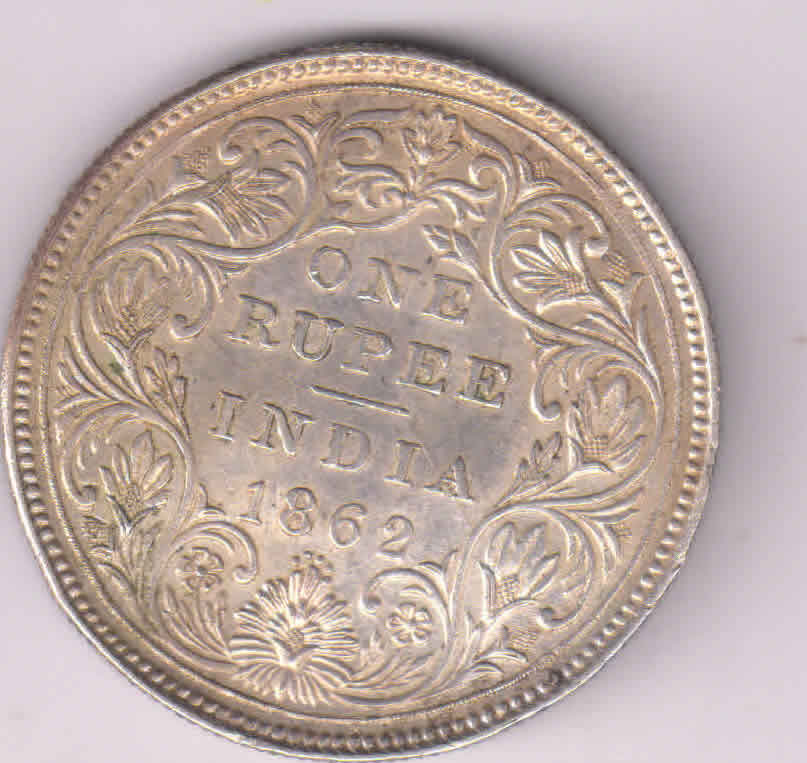 India British - VQ rupee 1862 + 4 dots = 1866 1st flower silver coin ...