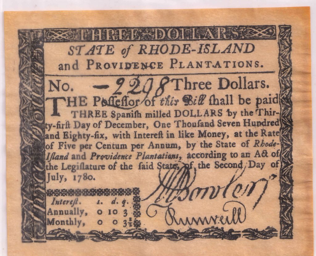 Rhode Island – 3 dollars 1780 , reproduction currency note - KB Coins ...