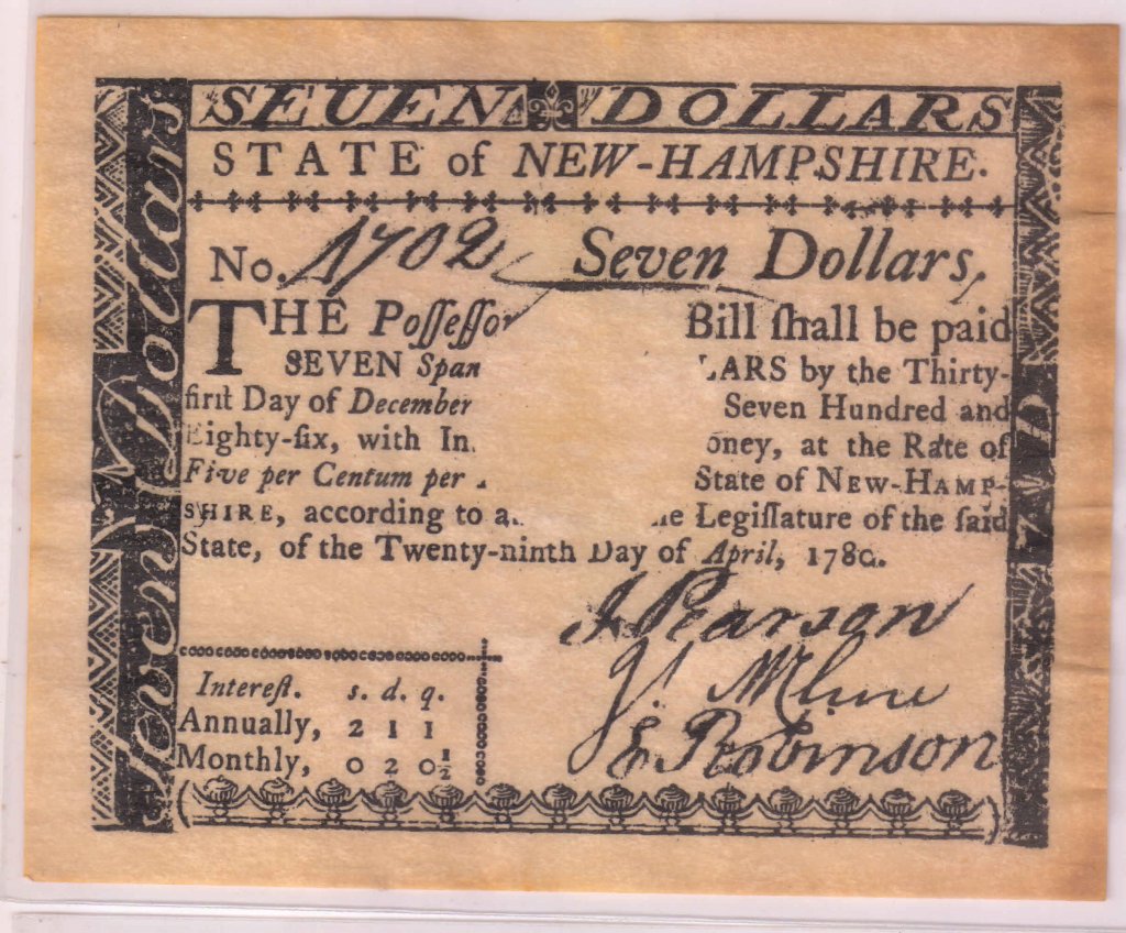 New Hamshire – 7 dollars 1780 , reproduction currency note - KB Coins ...
