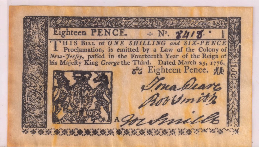 New Jersey - 18 pence 1776 , reproduction currency note - KB Coins ...