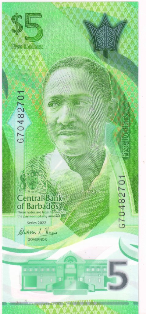 Barbados - 5 $ 2022 unc polymer currency note - KB Coins & Currencies