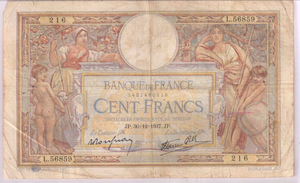 FRANCE - 100 francs 1937 used currency note w/ holes - KB Coins ...