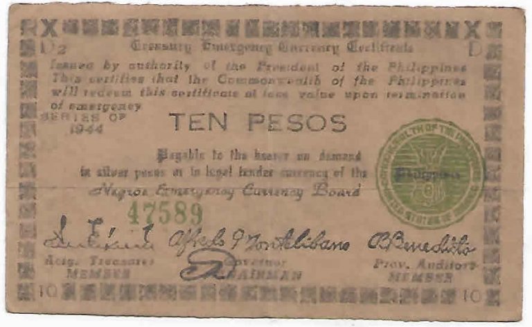 Negros / PHILIPPINES 10 pesos 1944 vf currency note - KB Coins & Currencies