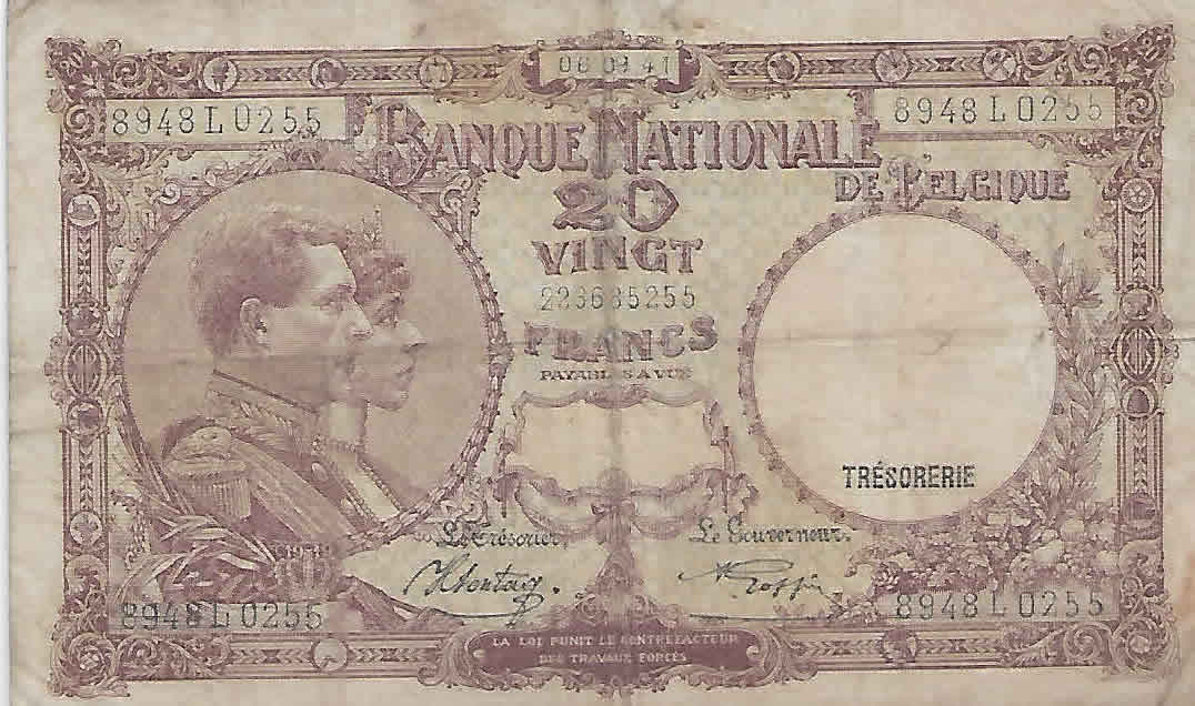 Belgium 20 vingt 1940 - 47 vf currency note - KB Coins & Currencies