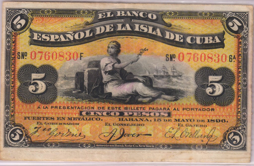 Spanish Cuba -5 pesos 1896 vf scarce currency note - KB Coins & Currencies