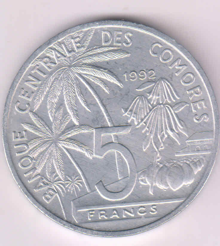 Comoros island 5 frs 1992 unc coin - KB Coins & Currencies