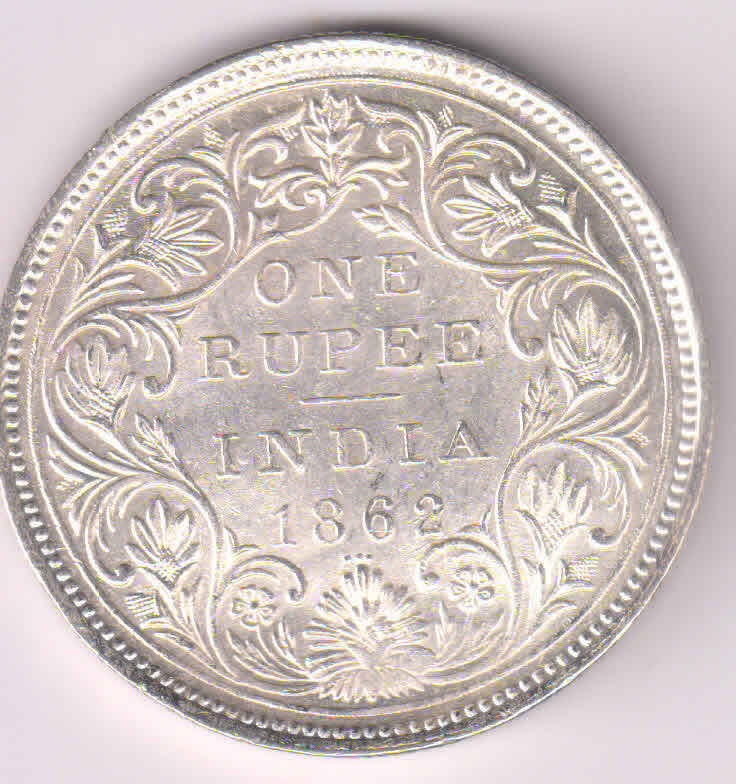 India British - VQ rupee 1862 +3 dots = 1865, 2nd flower silver coin ...
