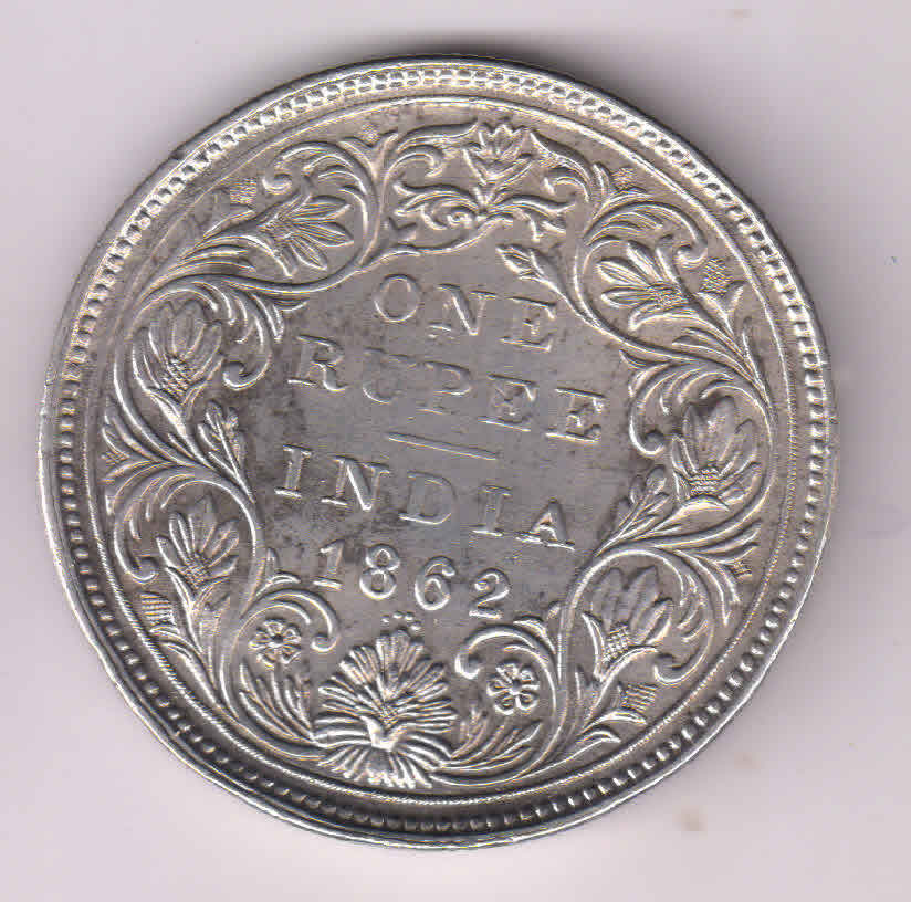 India British – VQ rupee 1862 + 4 dots = 1866 ,2nd flower vf silver ...