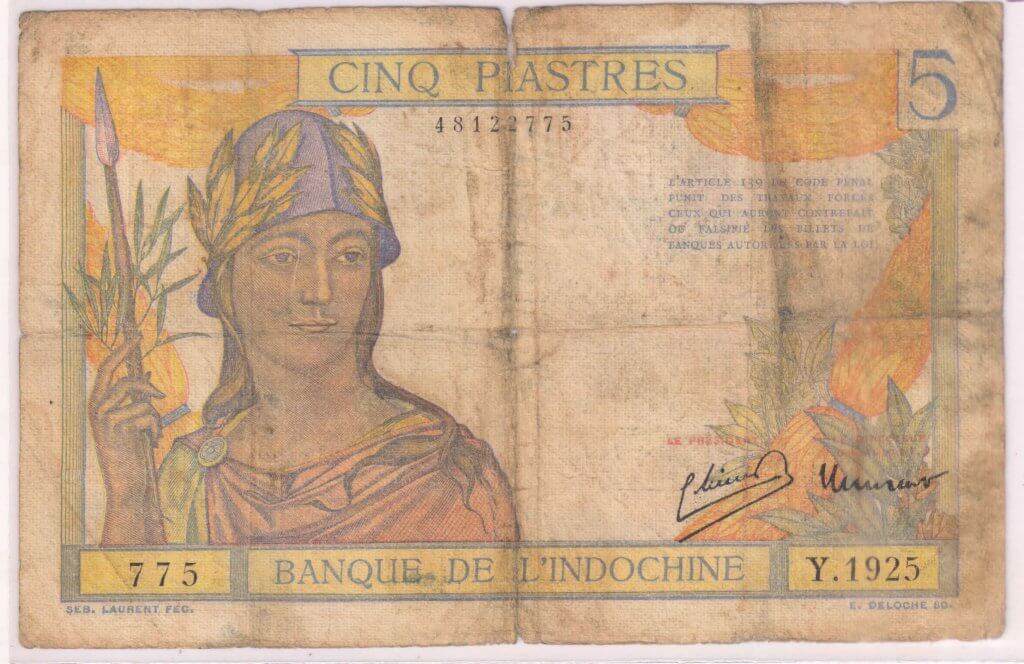 French indo China - 5 piastres 1932 - 49 , used currency note R1 - KB ...