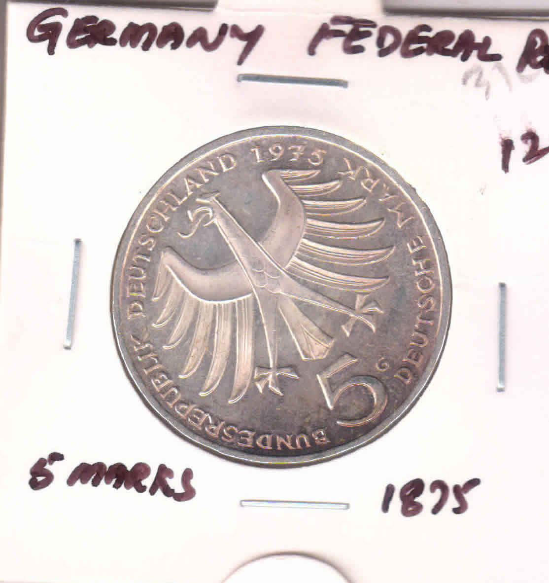 German Federal rep. 5 Deutsche Mark Albert Schweitzer 1975 xf silver ...