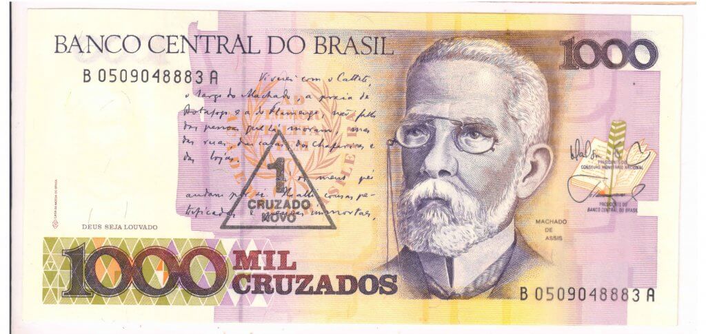 Brazil - 1 Cruzado over printed on 1000 cruzados unc currency note - KB ...