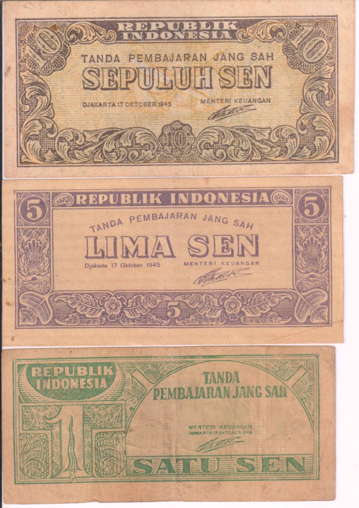 Indonesia republic - 1,5,10 sen 1945 ,1st issue note , set of 3 scarce ...