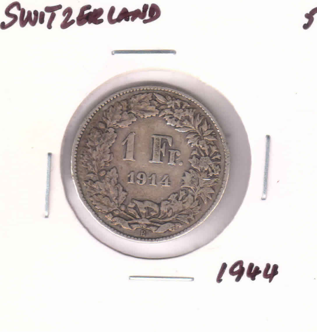 Switzerland - 1 Franc Helvetia standing; 1944 silver coin - KB Coins ...