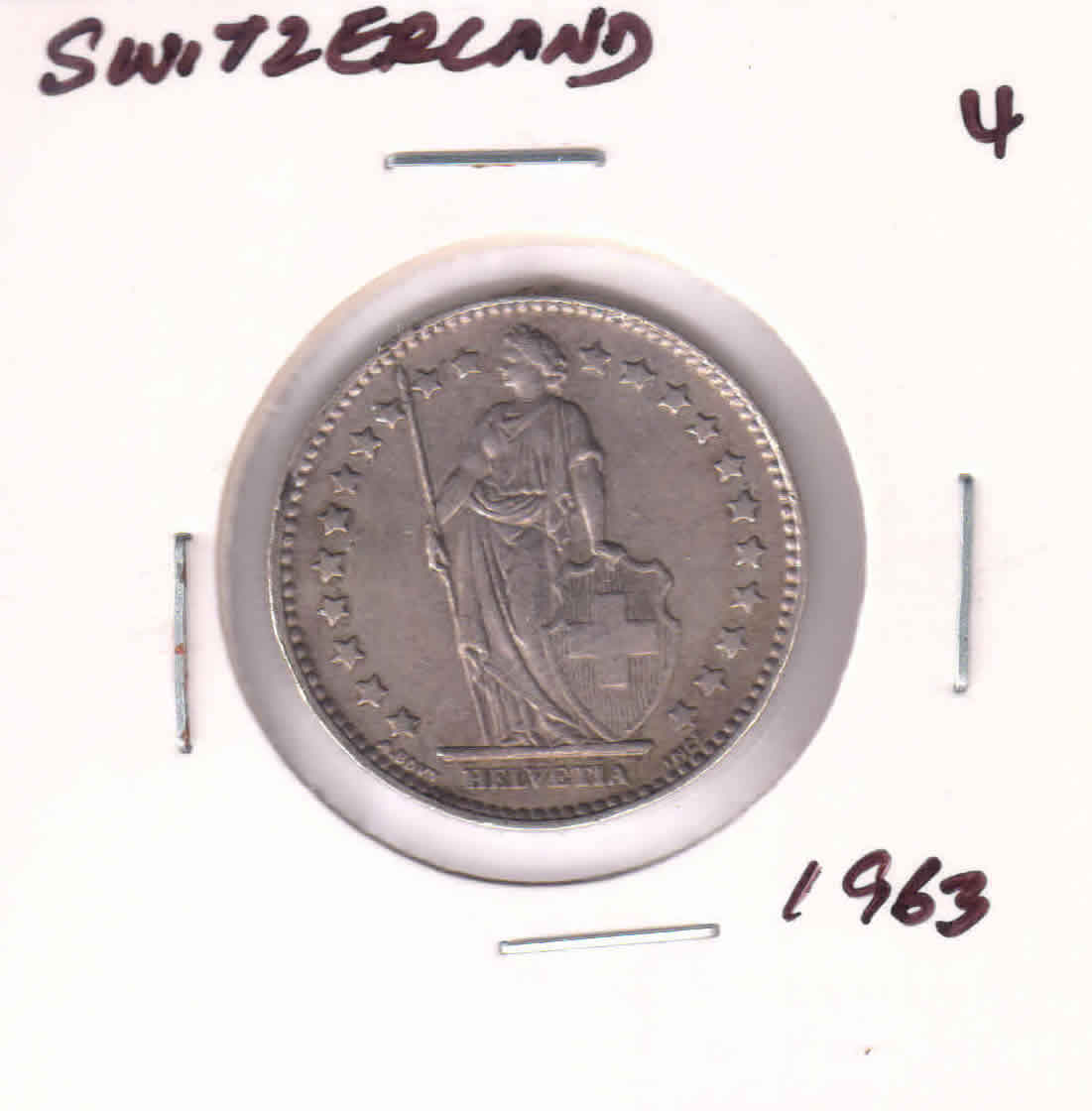 Switzerland - 1 Franc Helvetia standing; 1963 silver coin - KB Coins ...
