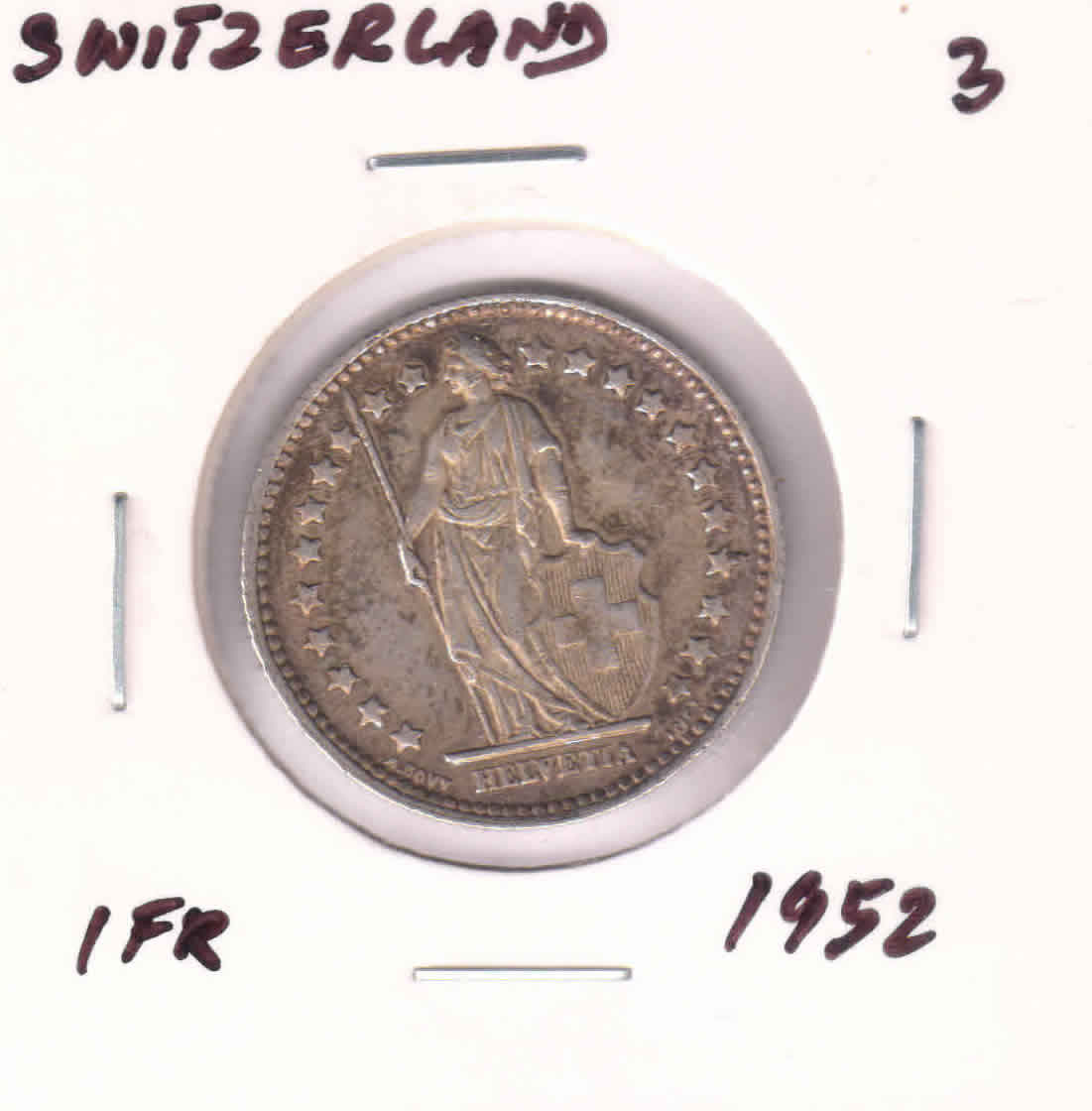 Switzerland - 1 Franc Helvetia standing; 1952 silver coin - KB Coins ...