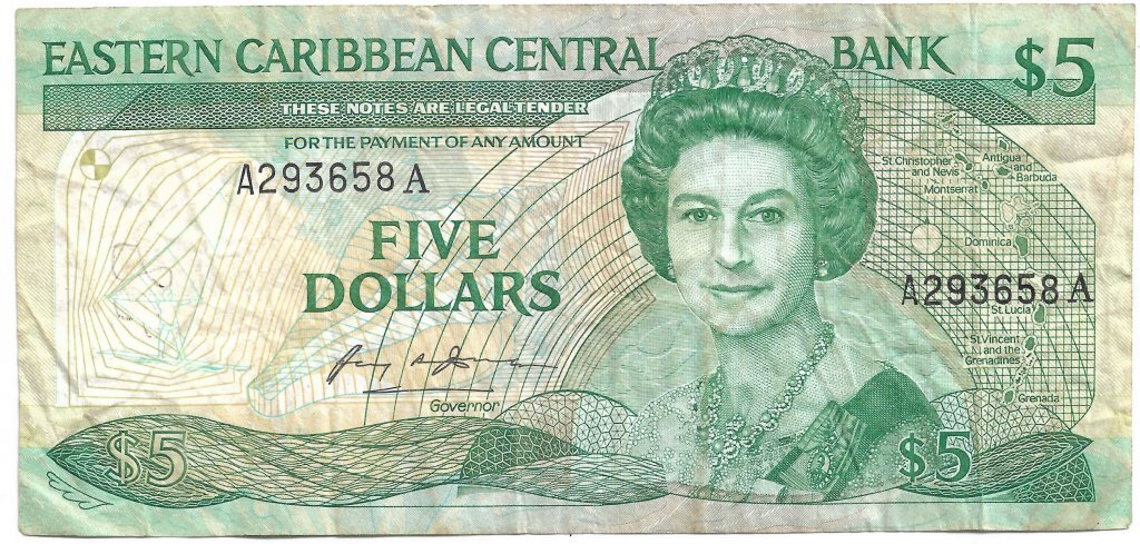 Antigua East Caribbean -5 dollar Vf currency note - KB Coins & Currencies