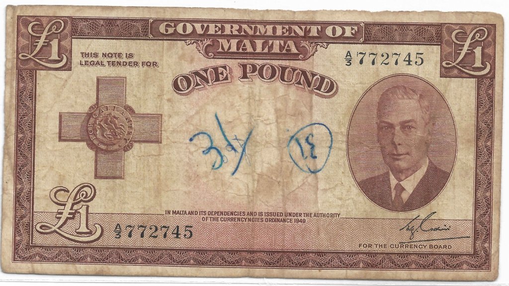British Malta - 1 pound 1949 scarce currency note - KB Coins & Currencies