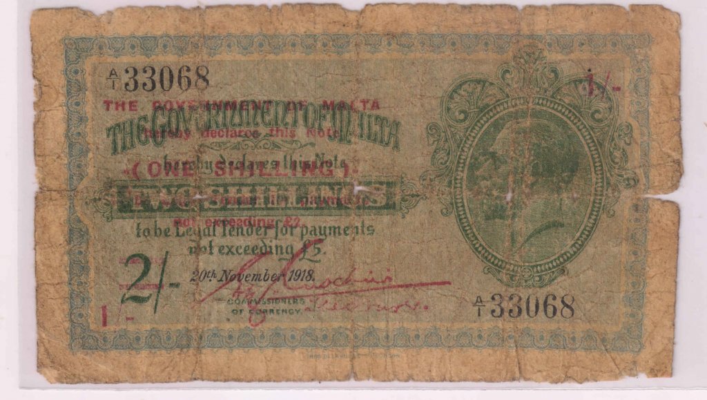 British Malta - 1 shilling ( over printed ) 1918 G V fine currency note ...