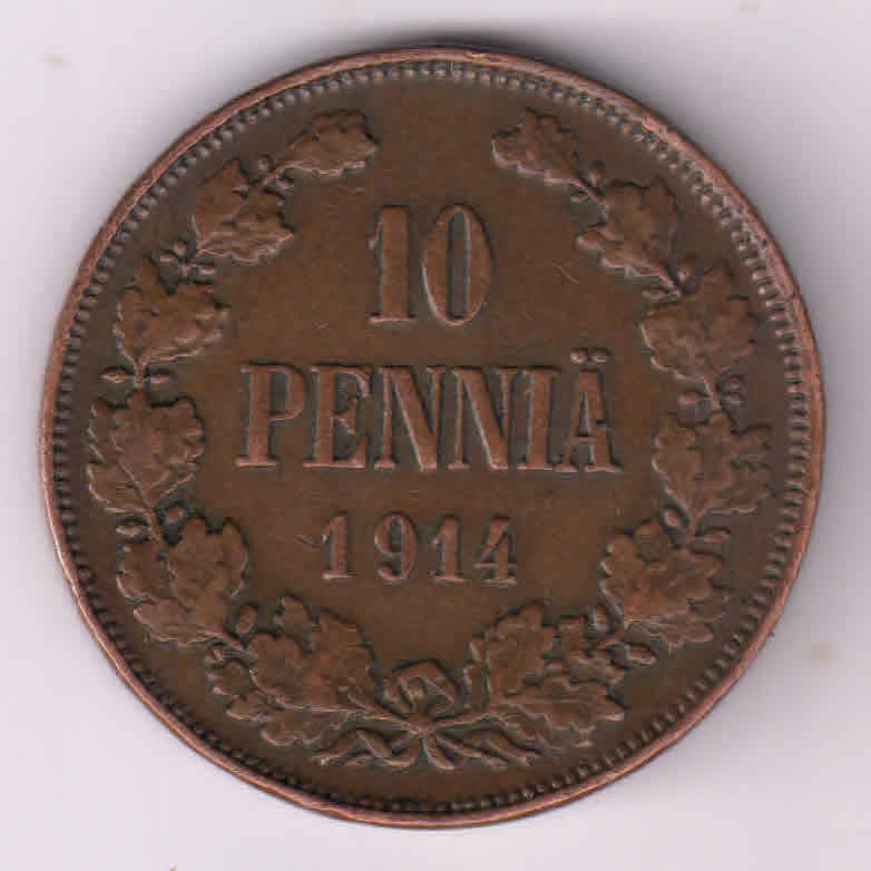 Finland / Russian occupied -Nikolai II , 10 pennia 1914 copper coin ...