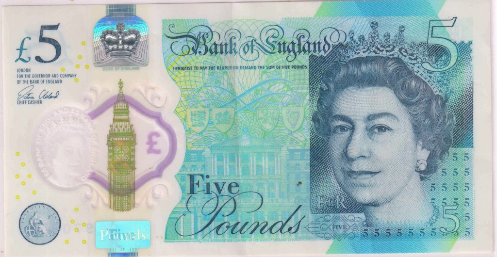 Great Britain / England - 5 pounds polymer vf currency note w/ fold ...