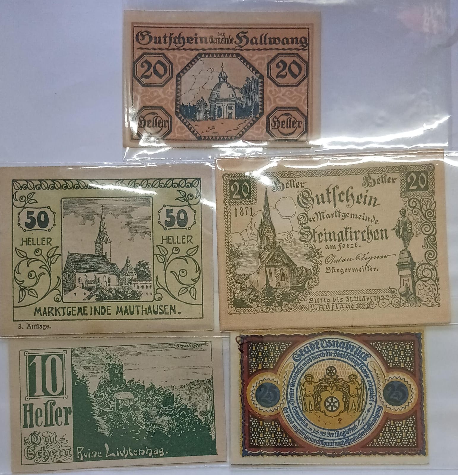 Austria notgeld - 1920 WW I , 5 different xf- unc currency notes R1 ...