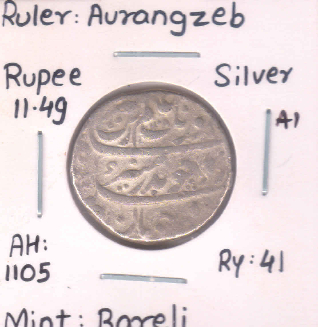 Mughal - Auragazeb Ah 1105, Ry 41 Bareli mint silver coin A1 - KB Coins ...