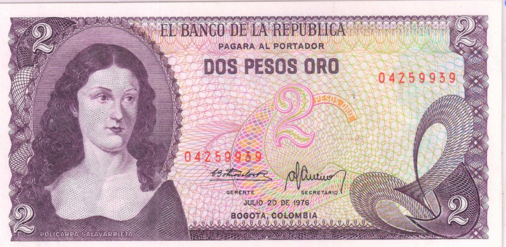 Colombia -2 peso 1976 unc currency note - KB Coins & Currencies