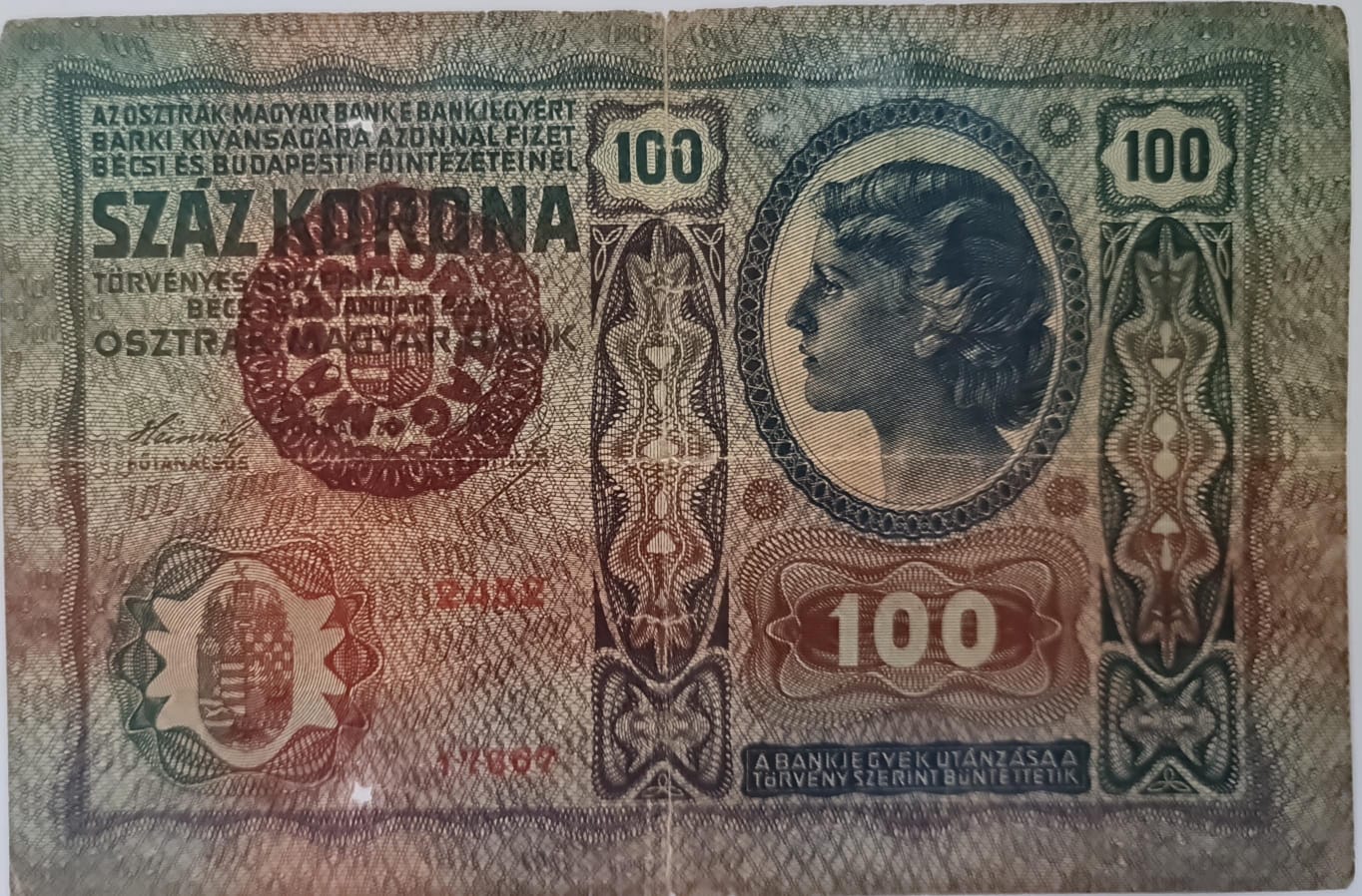 Hungary Monarchy - 100 kroner 1912 scarce vf currency note with stamped ...