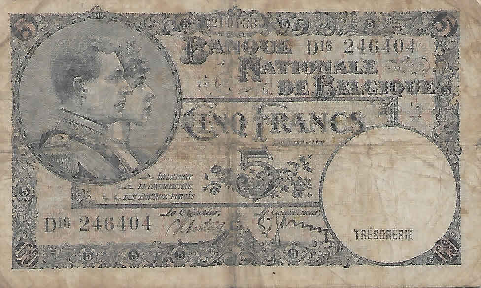 Belgium 5 francs 1926 - 31 vf currency note - KB Coins & Currencies