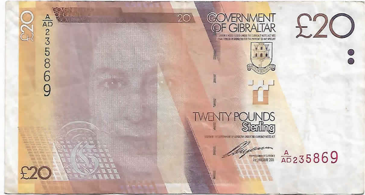 Gibraltar - 20 pounds 2011 vf currency note - KB Coins & Currencies
